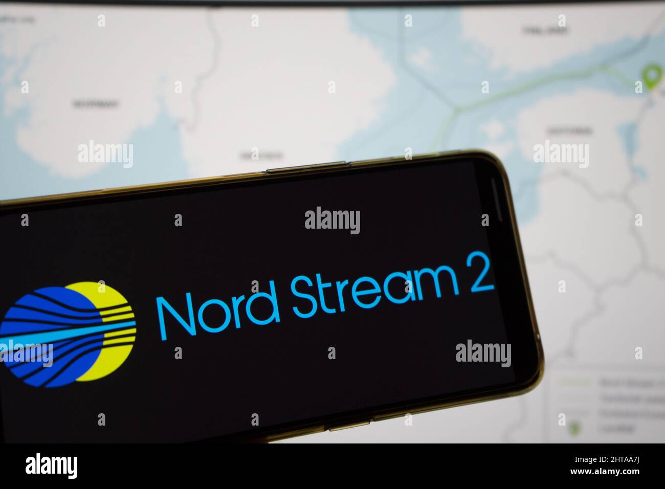 In this photo illustration, the Nord Stream 2 logo is seen displayed on ...