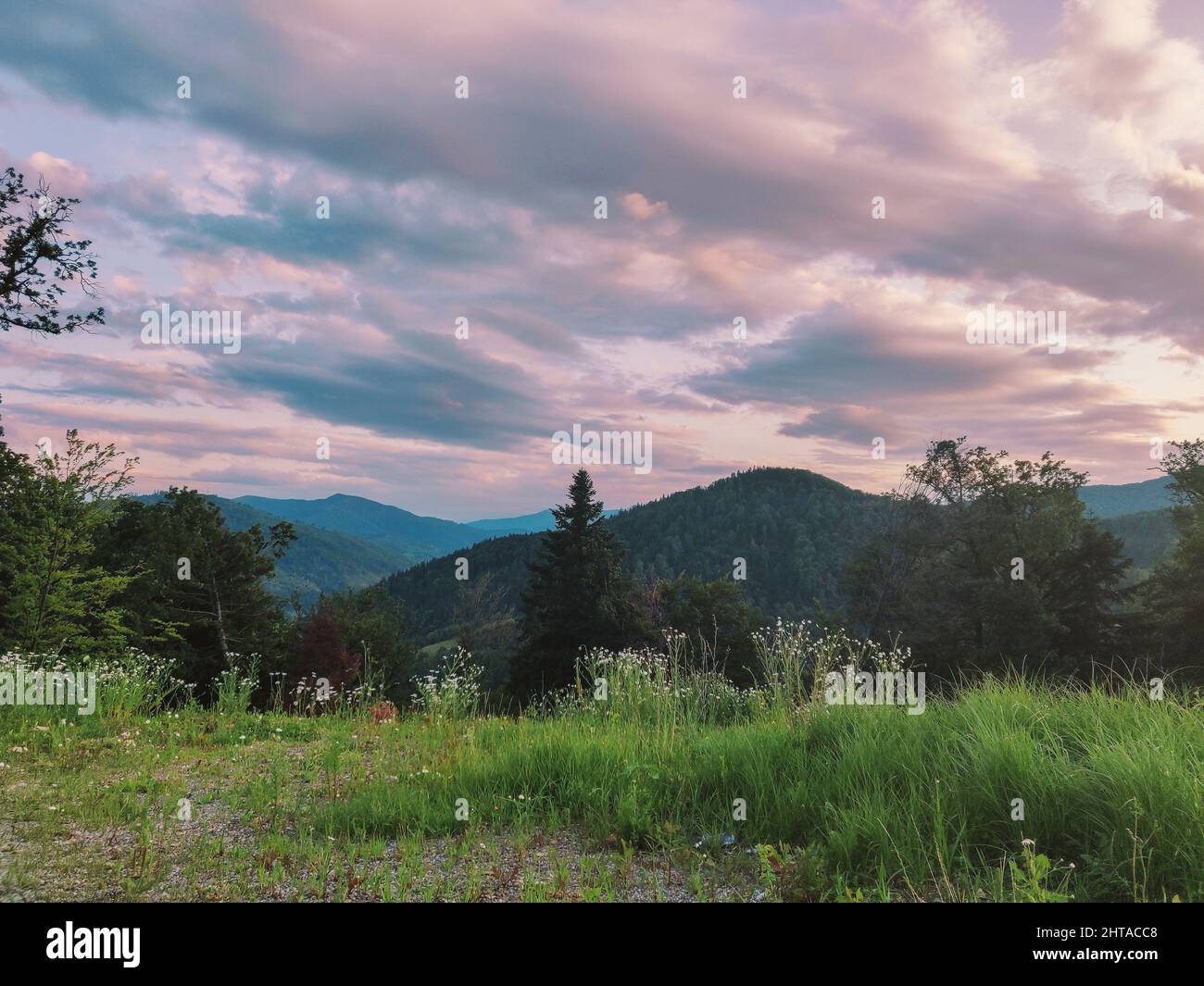 A stunning landscape of forest mountains under a cloudy sunset sky in ...