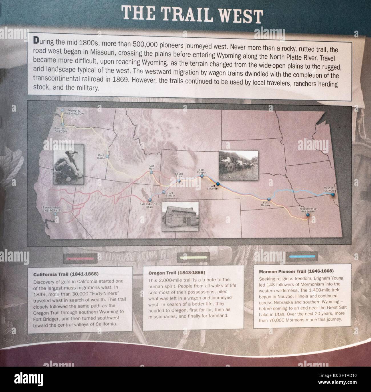 Map and sign showing the different trails pioneers took to reach ...