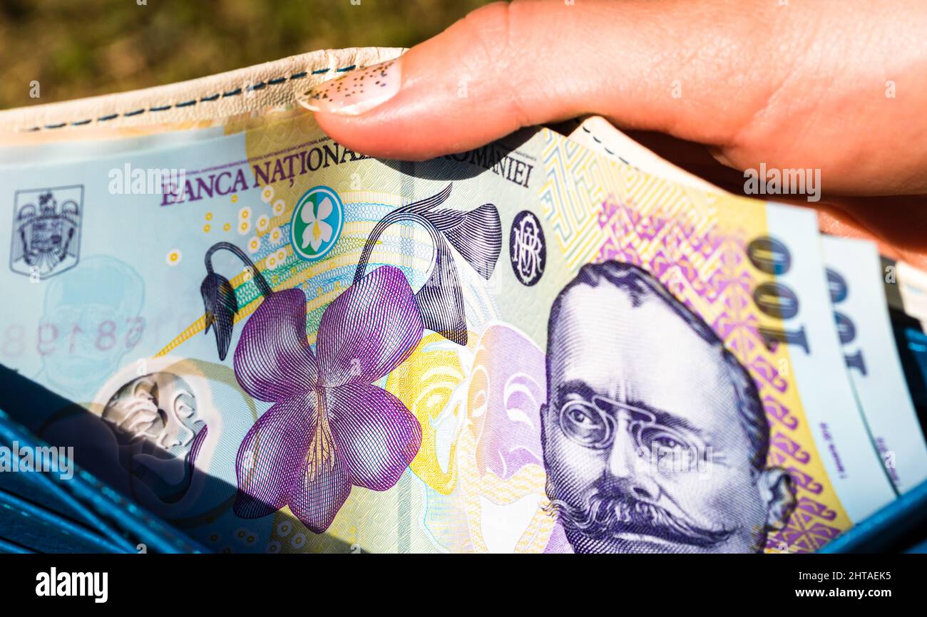 Female hand holding and showing wallet with Romanian money LEI Stock ...