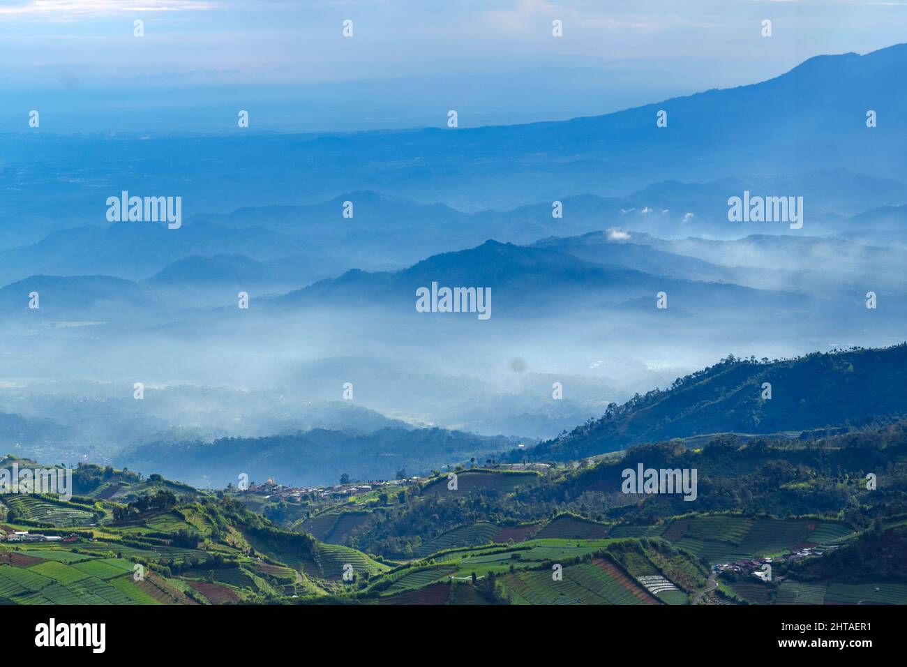 Scenic view of mountains in Dieng, Central Java, Indonesia Stock Photo ...