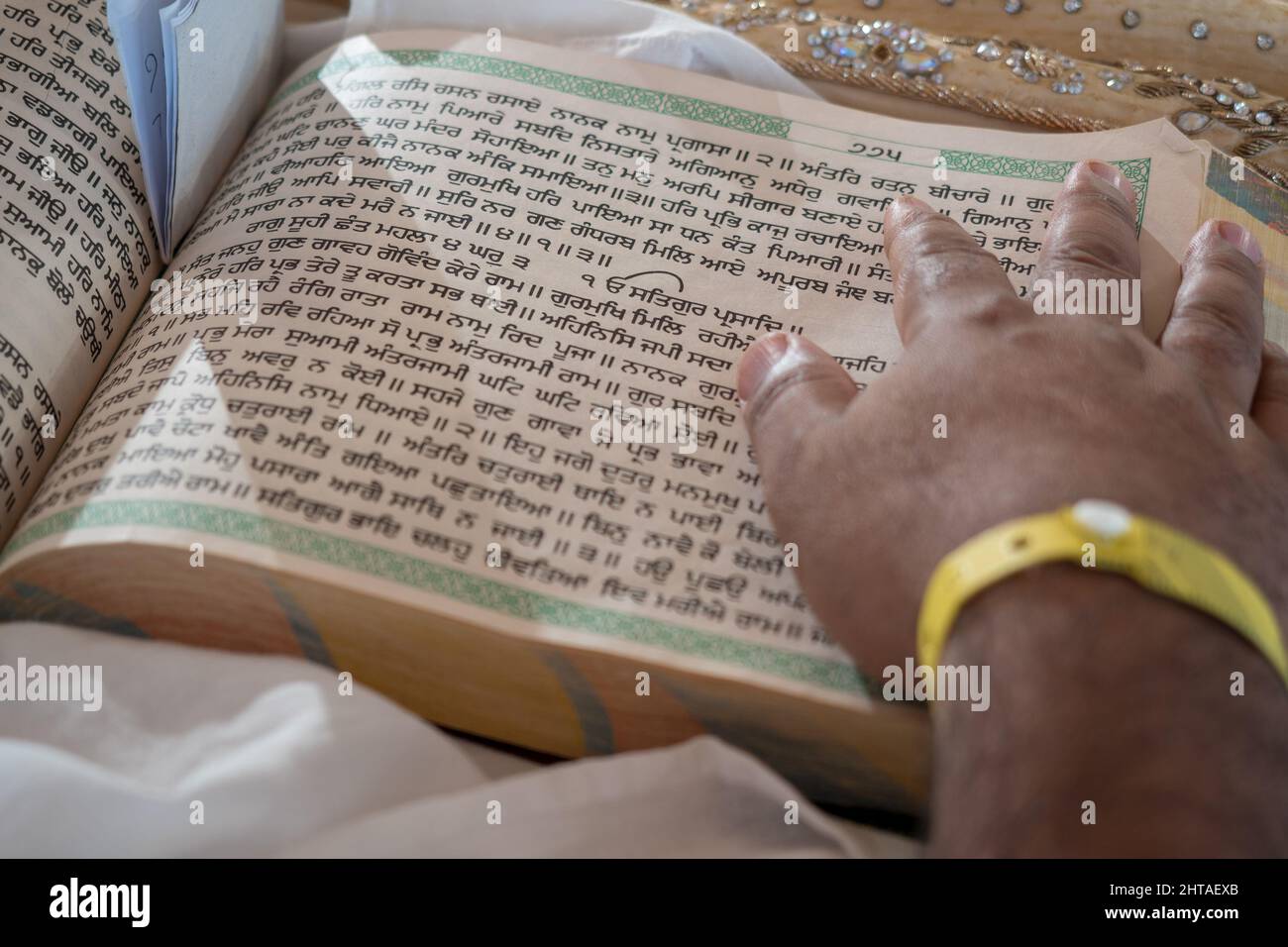 Closeup of a man reading the Granth Sahib for a traditional Indian ...