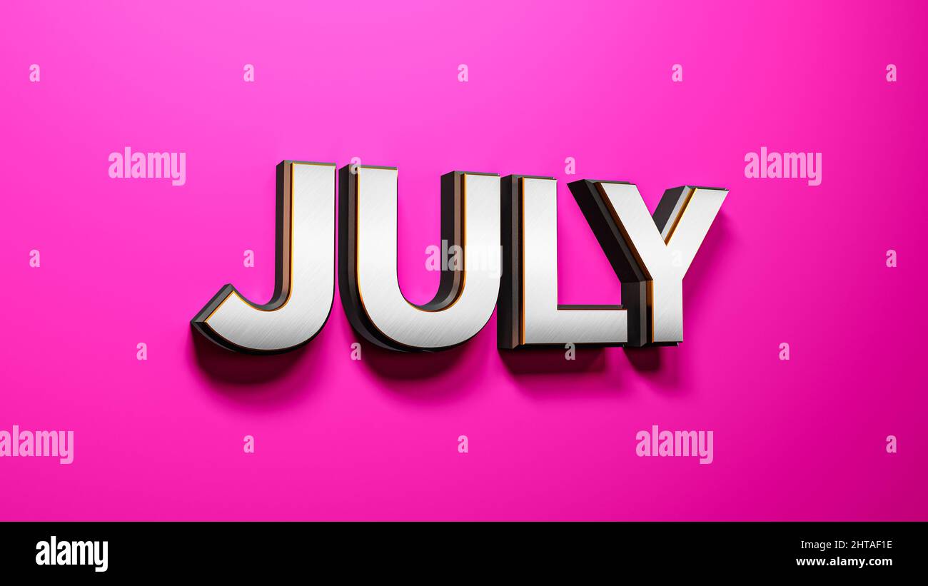 3D illustration of the silver July lettering word isolated on the pink ...