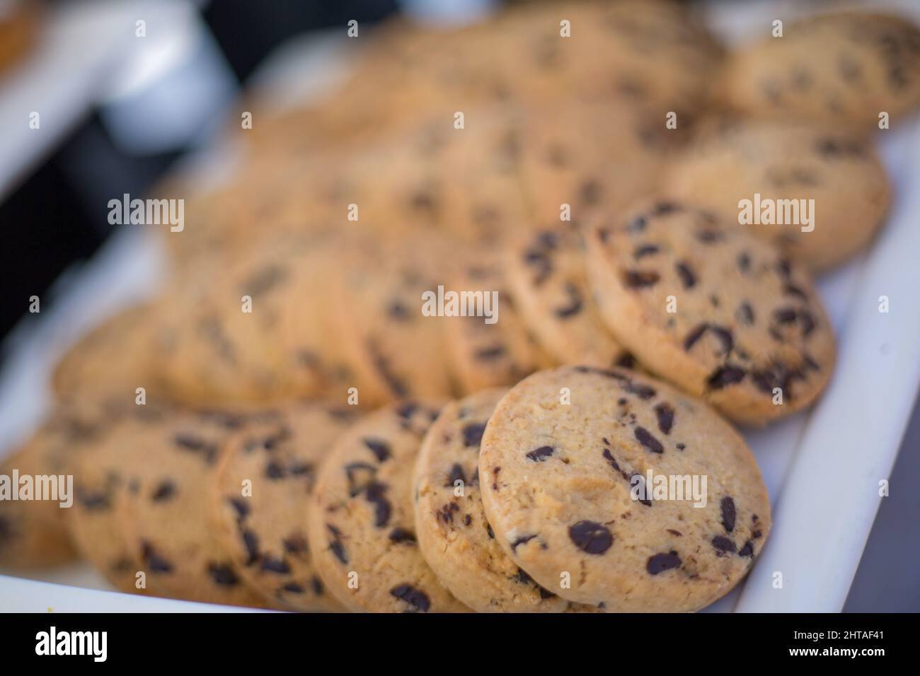 Closeup of delicious chocolate chip cookies served at a wedding with a ...