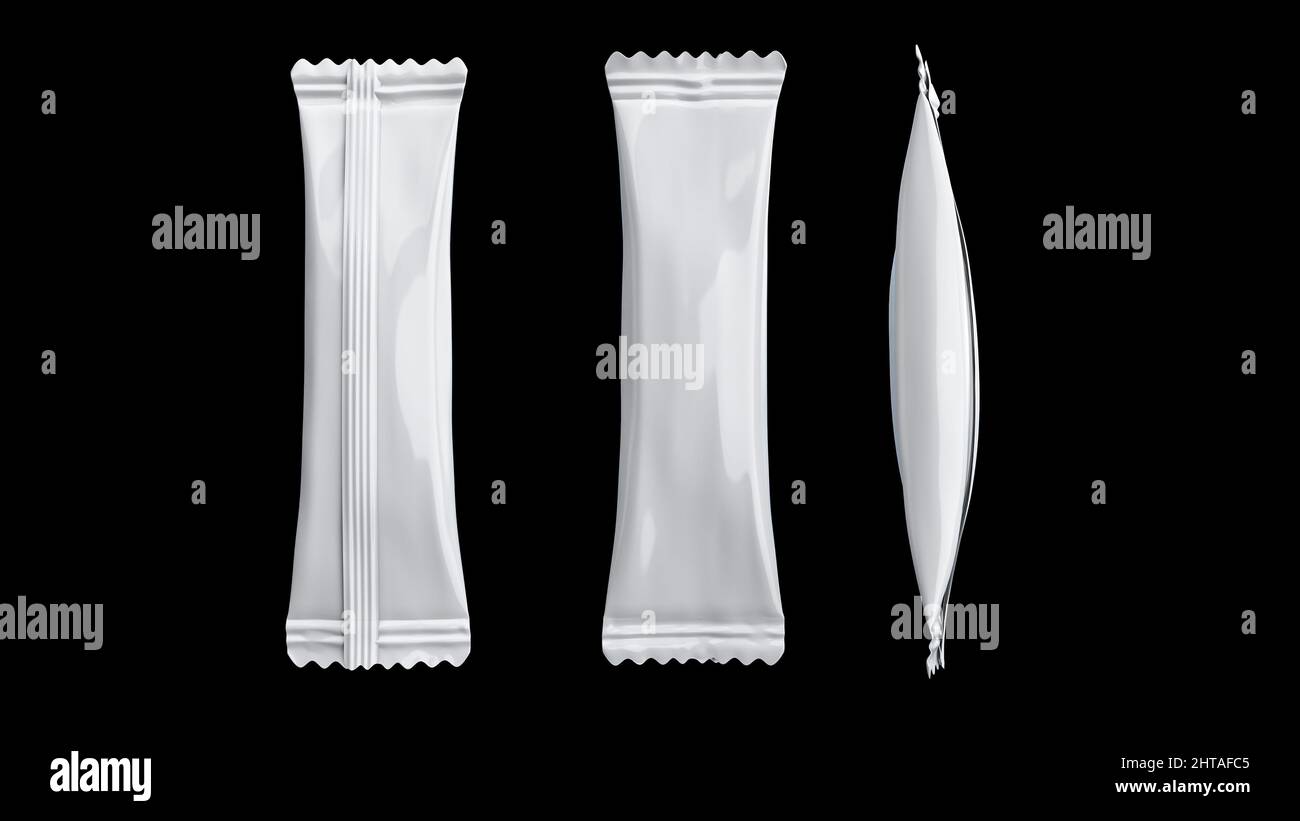 3d rendering of three silver metallic foil packs for candy on a black ...