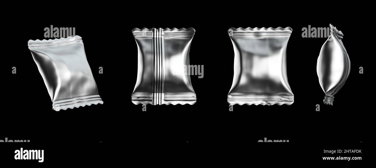 3d rendering of four silver metallic foil packs for candy on a black ...