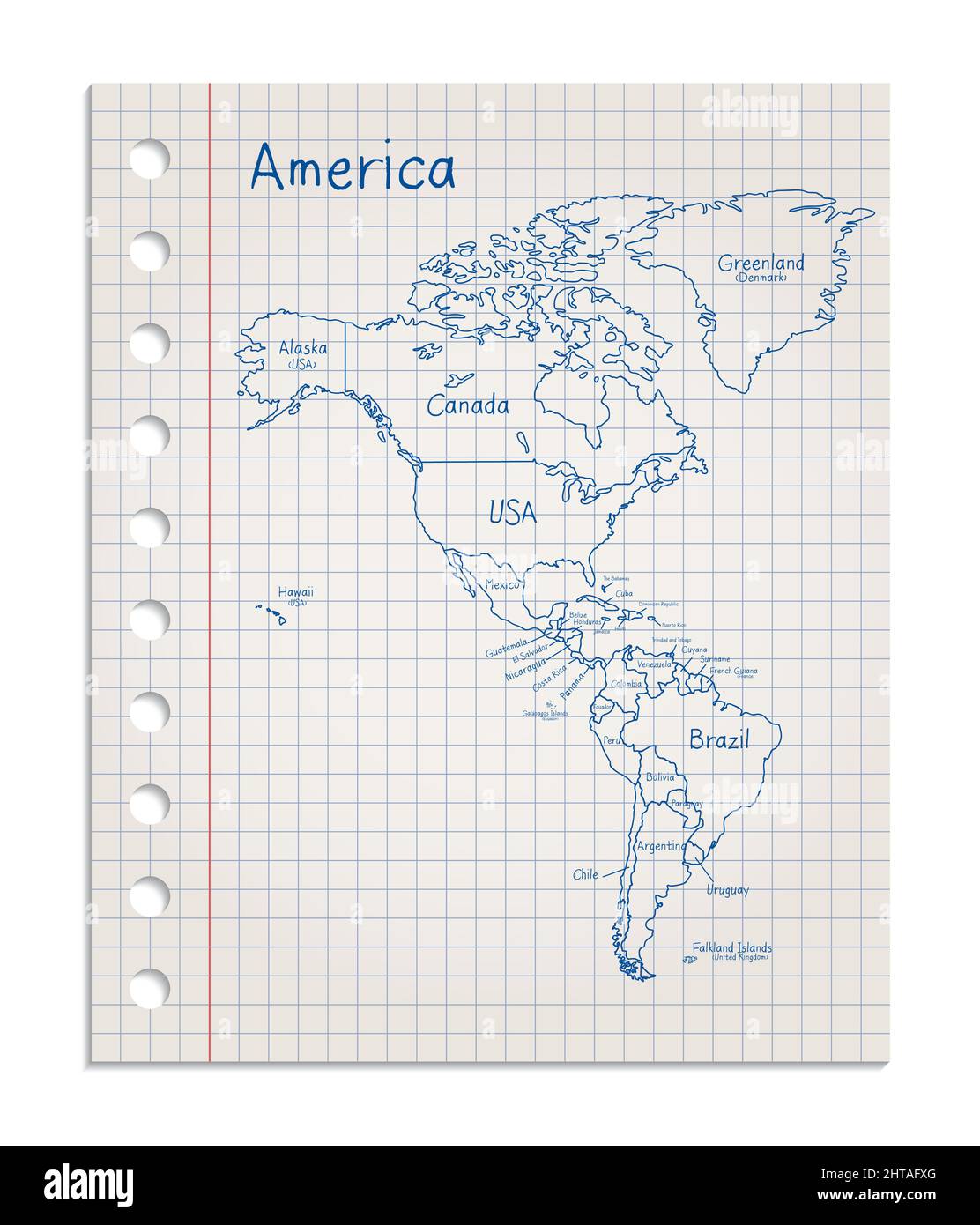 America map on a realistic squared sheet of paper torn from a block ...