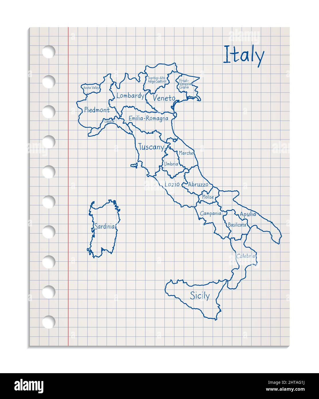 Italy map on a realistic squared sheet of paper torn from a block ...