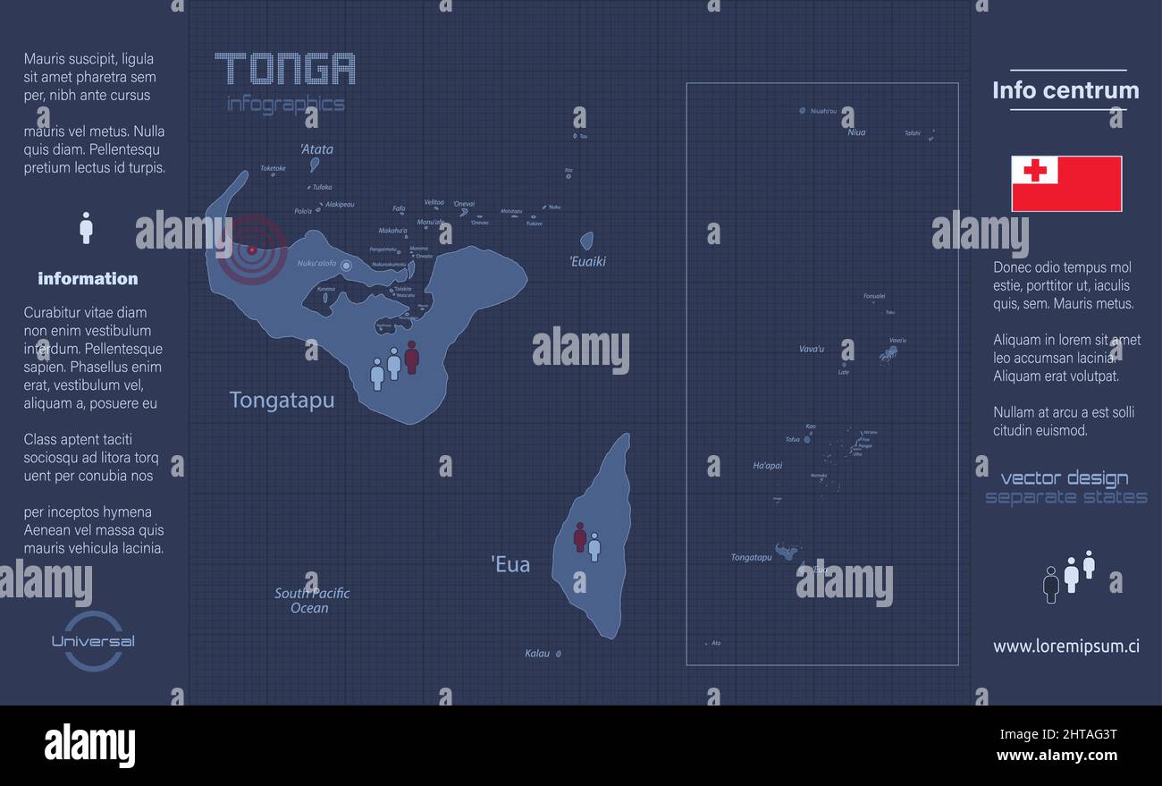 Tonga map, islands with names, infographics blue flat design vector ...
