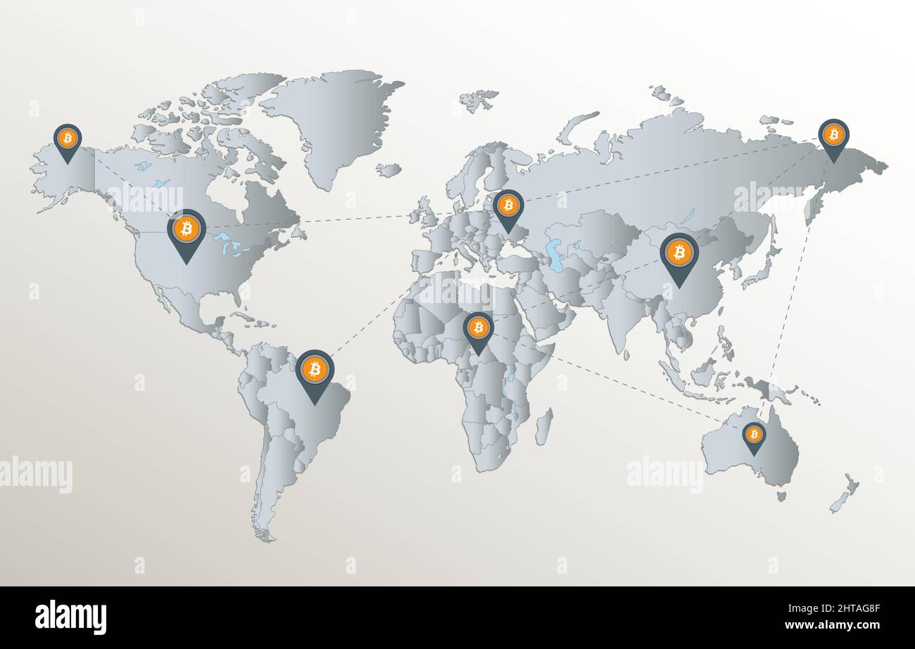 World map, bitcoin network and location pointer, white blue card paper ...