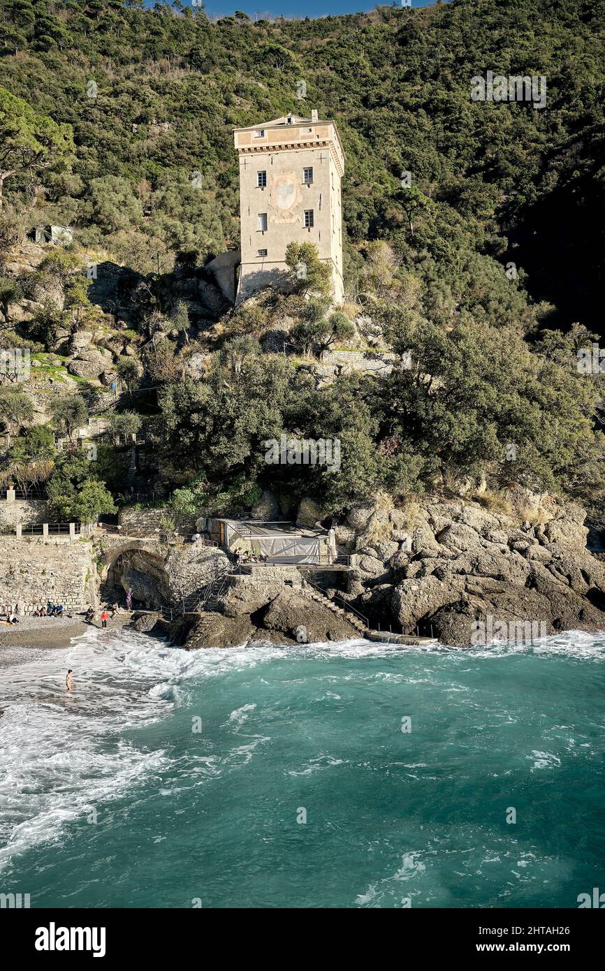Famous Torre Doria castle and watchtower above the San Fruttuoso abbey ...