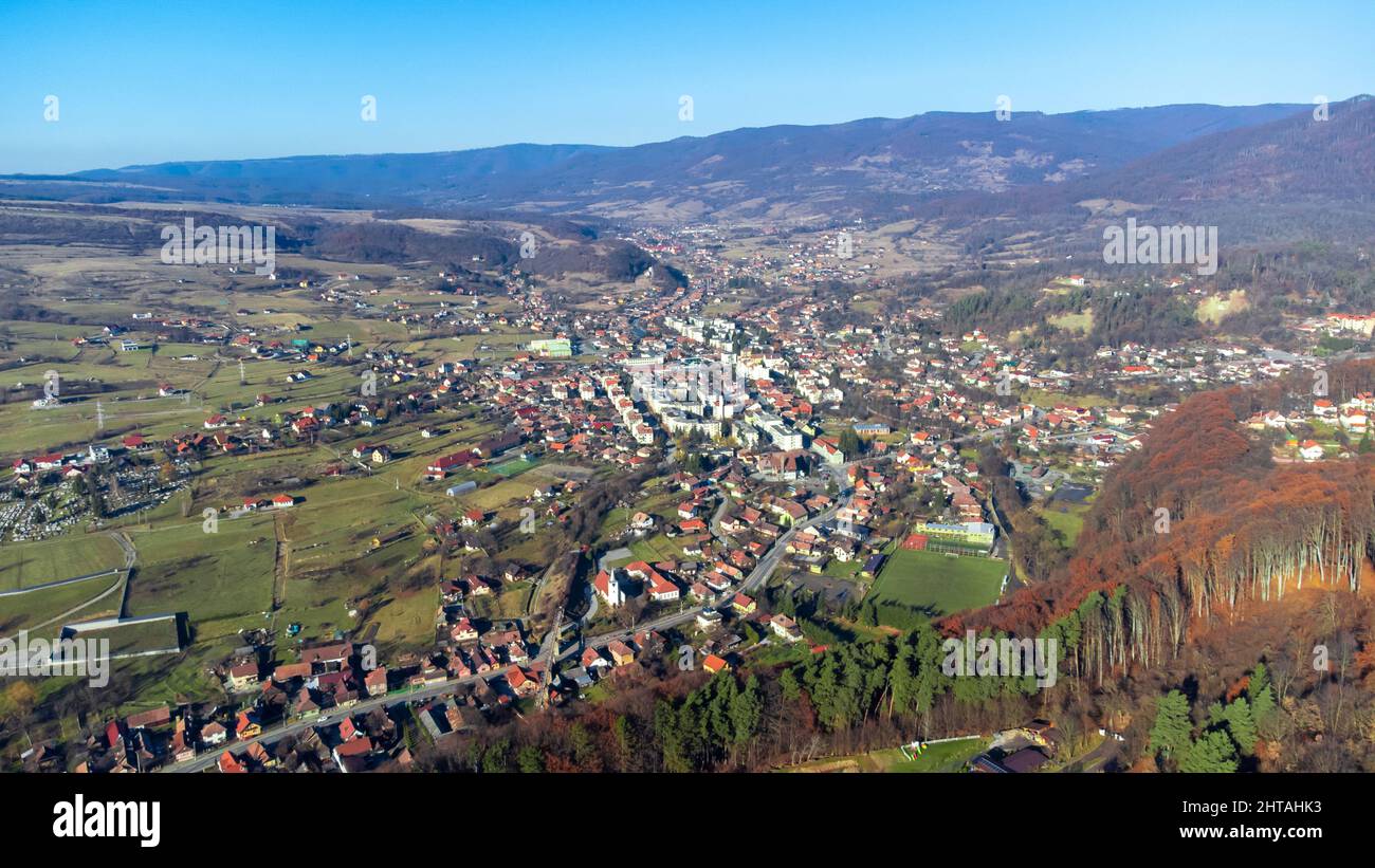 Aerial view of the Sovata town under the blue sky in Romania Stock ...