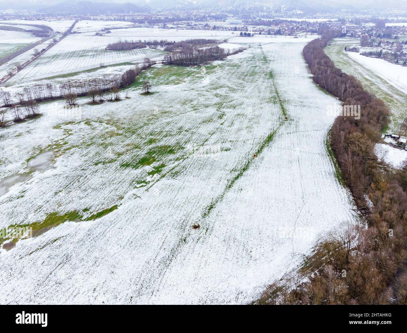 Aerial view of the snowy fields in the countryside Stock Photo - Alamy