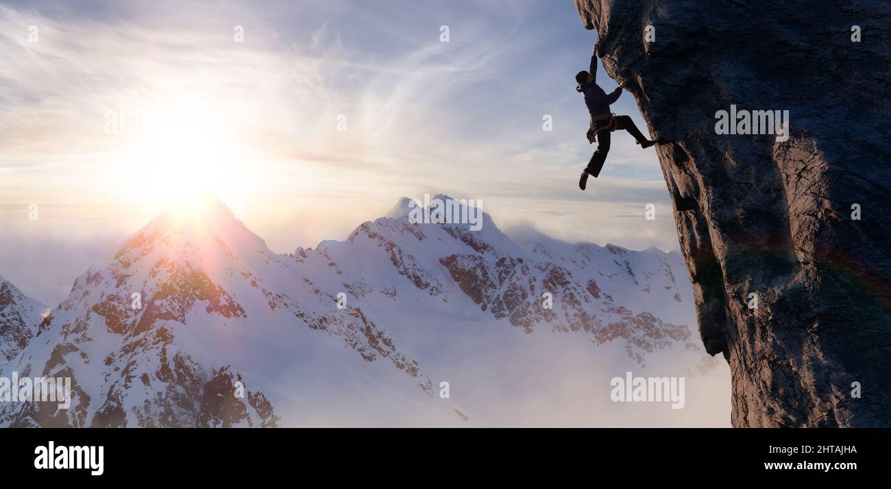 Adult adventurous man Rock Climbing a steep rocky cliff. Extreme ...