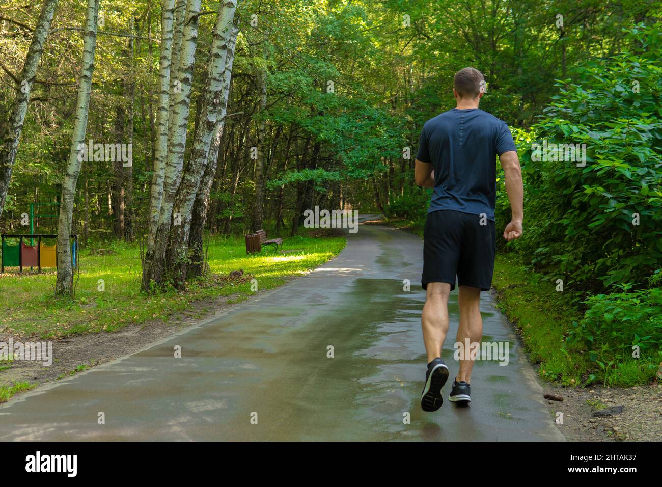 A man athlete runs in the park outdoors, around the forest, oak trees ...
