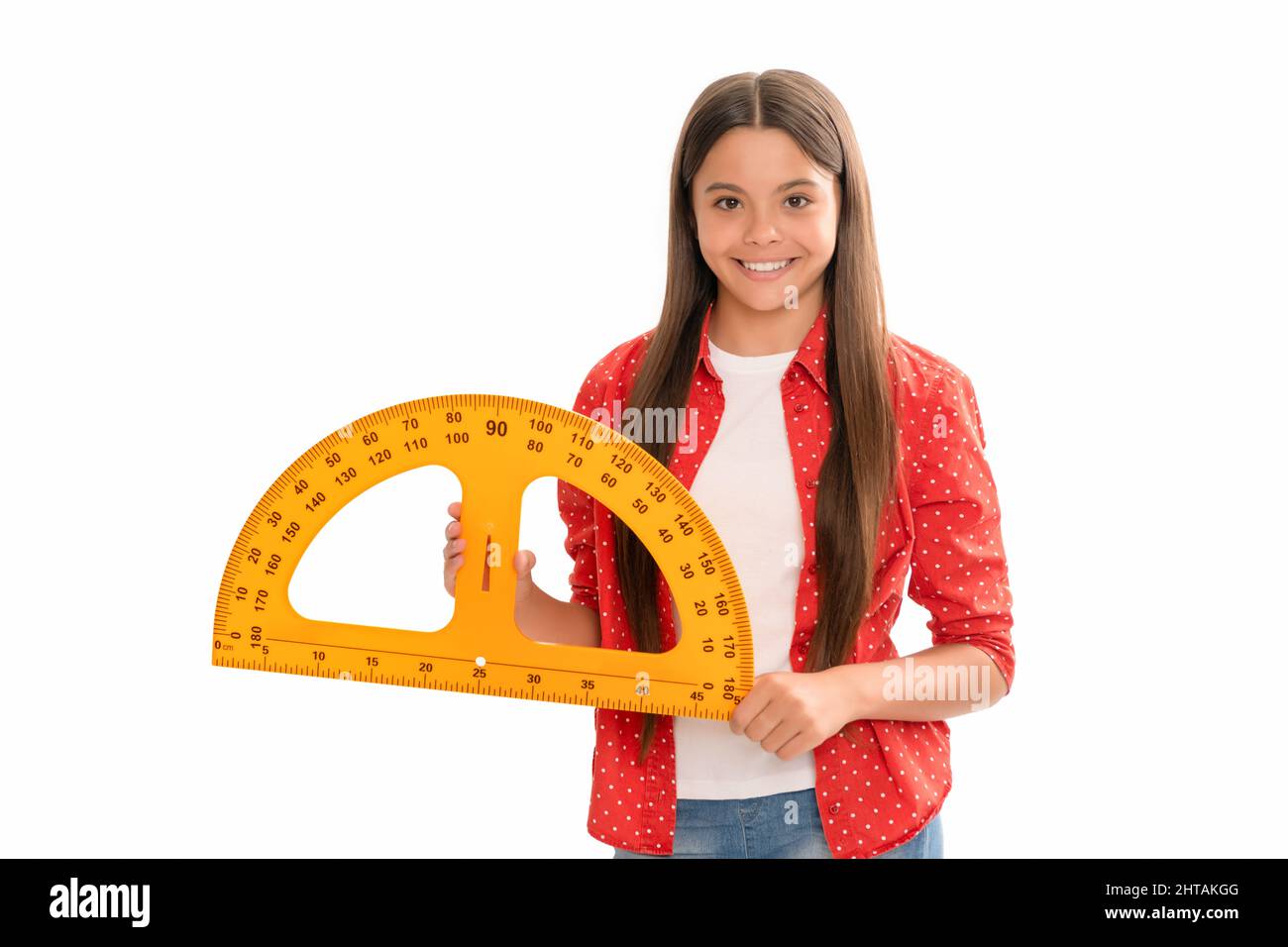 happy kid hold protractor study geometry at school isolated on white ...
