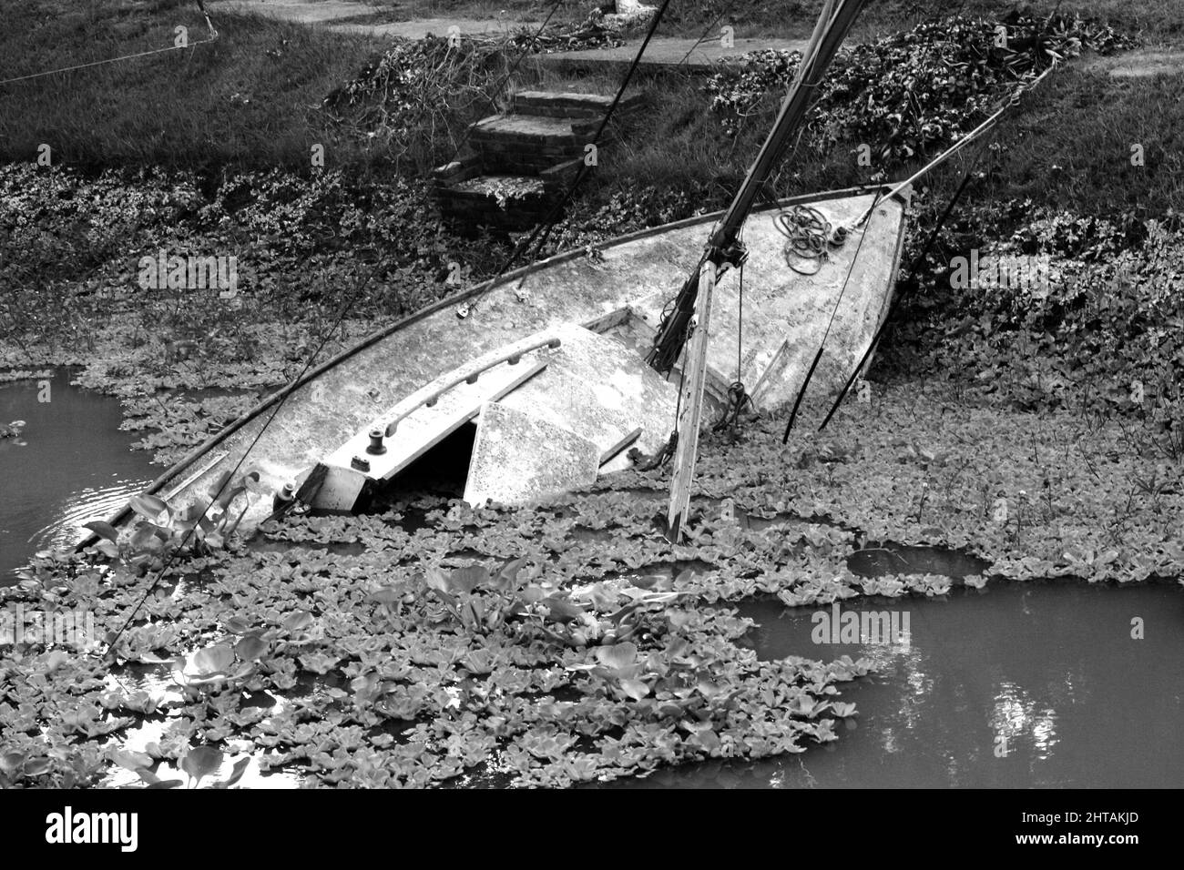 Grayscale shot of an old broken boat in the pond Stock Photo - Alamy