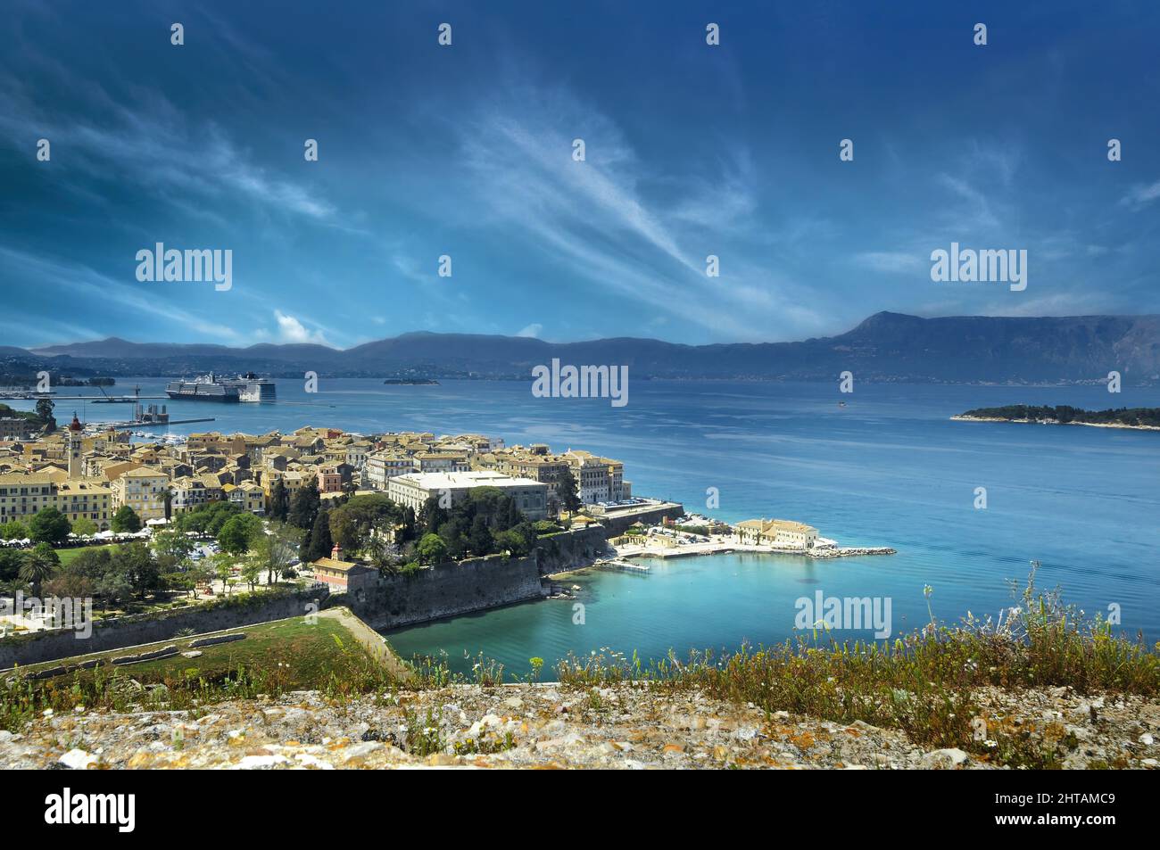 Aerial view of the beautiful beaches in Corfu, Greece on a bright ...