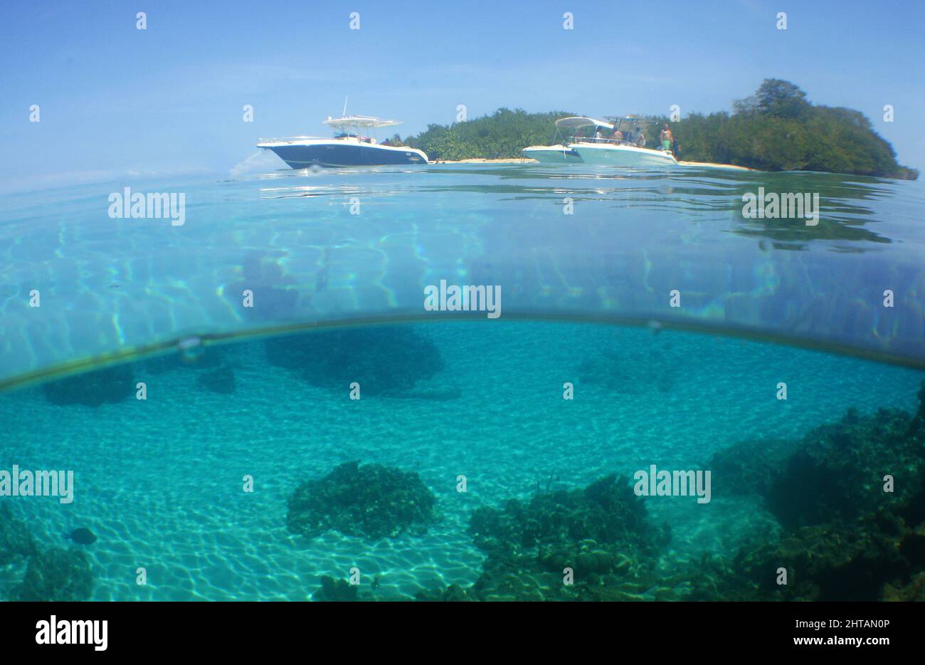 Scenic view of transparent bottom of the sea with boats swimming on the ...