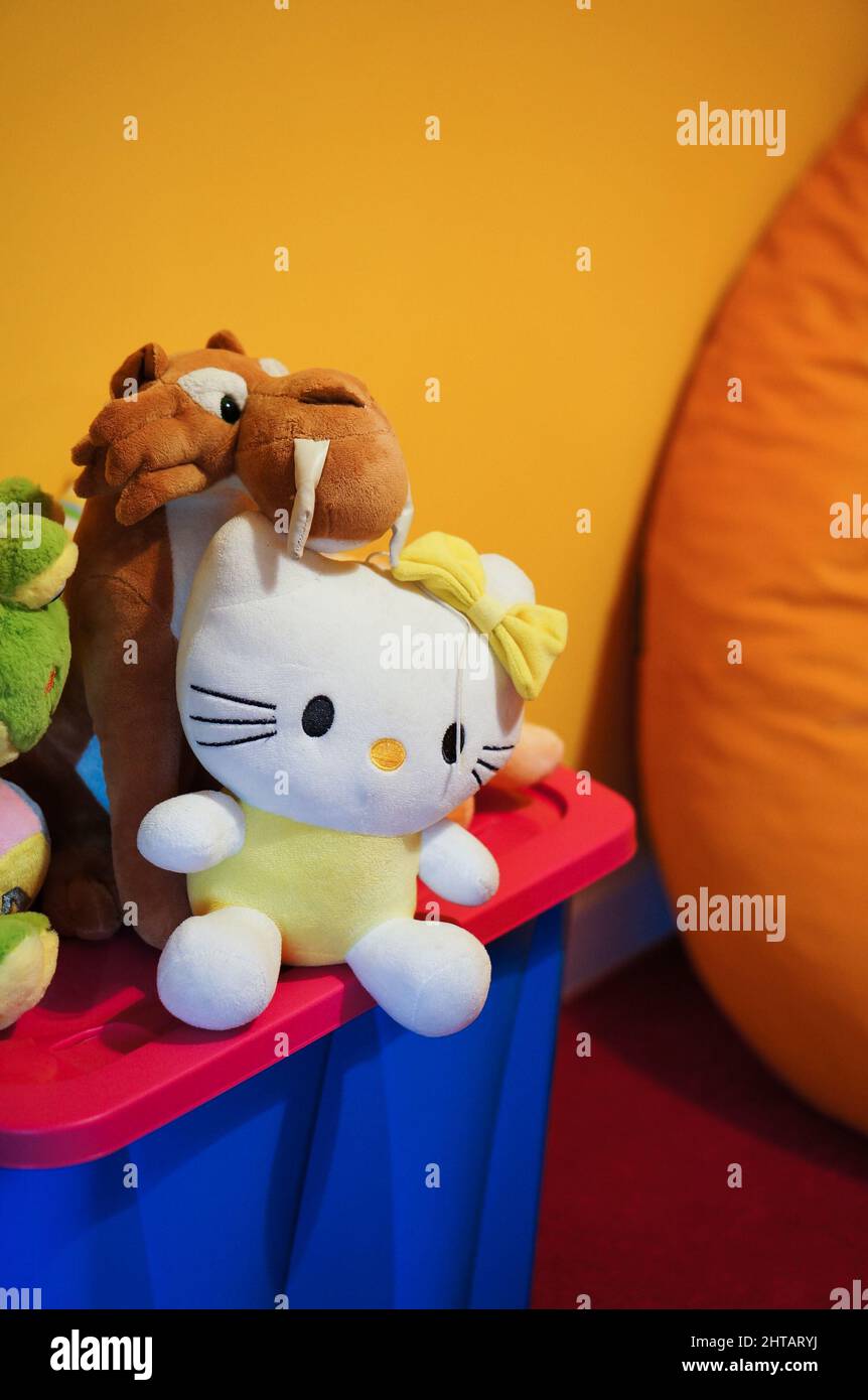 Vertical shot of a plush hello kitty toy on a box in a play room Stock ...