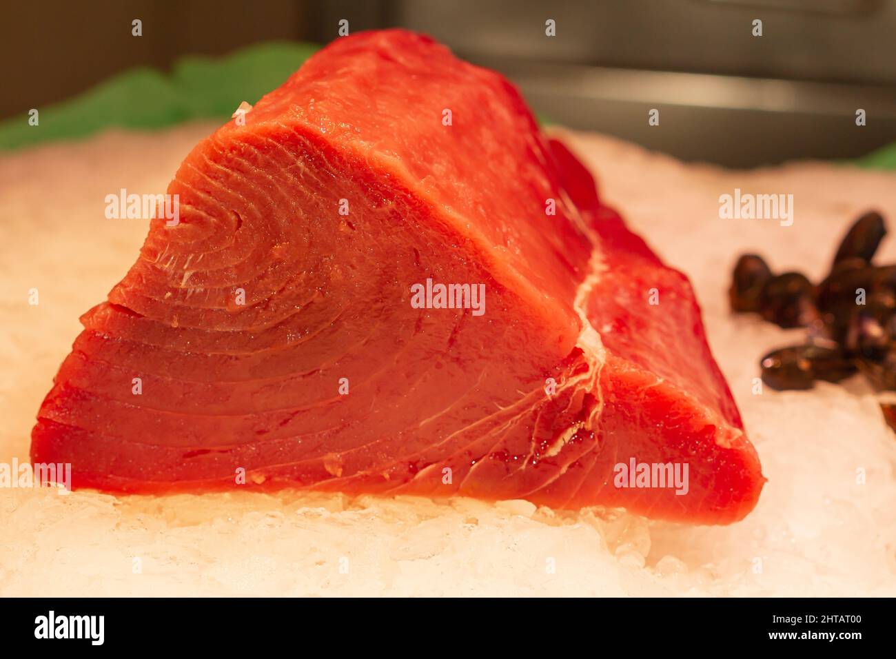 Closeup shot of the fresh bluefin tuna loin on ice in the market Stock ...