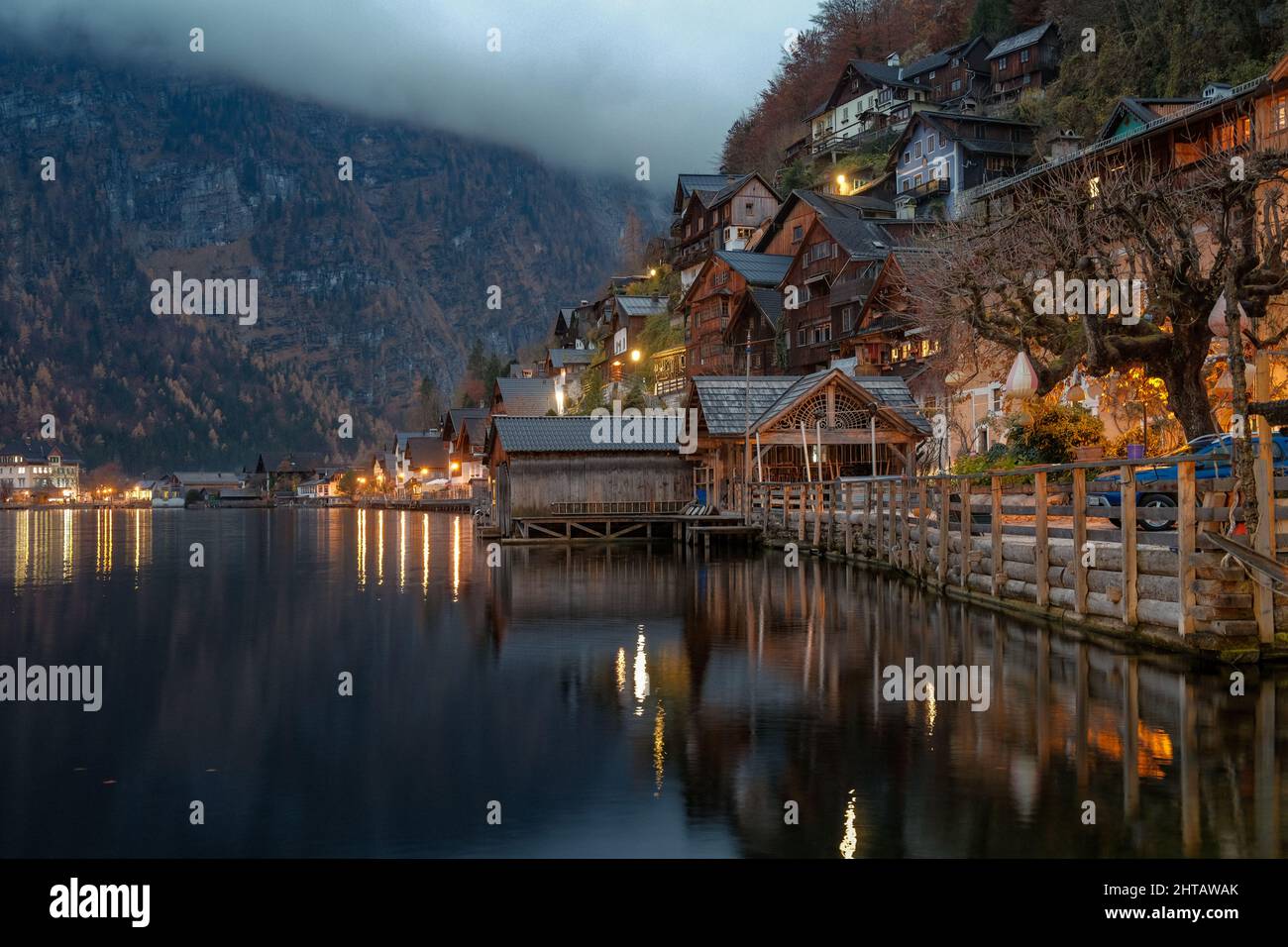 Scenic view of the Mountain Village in Austria with reflection on the ...