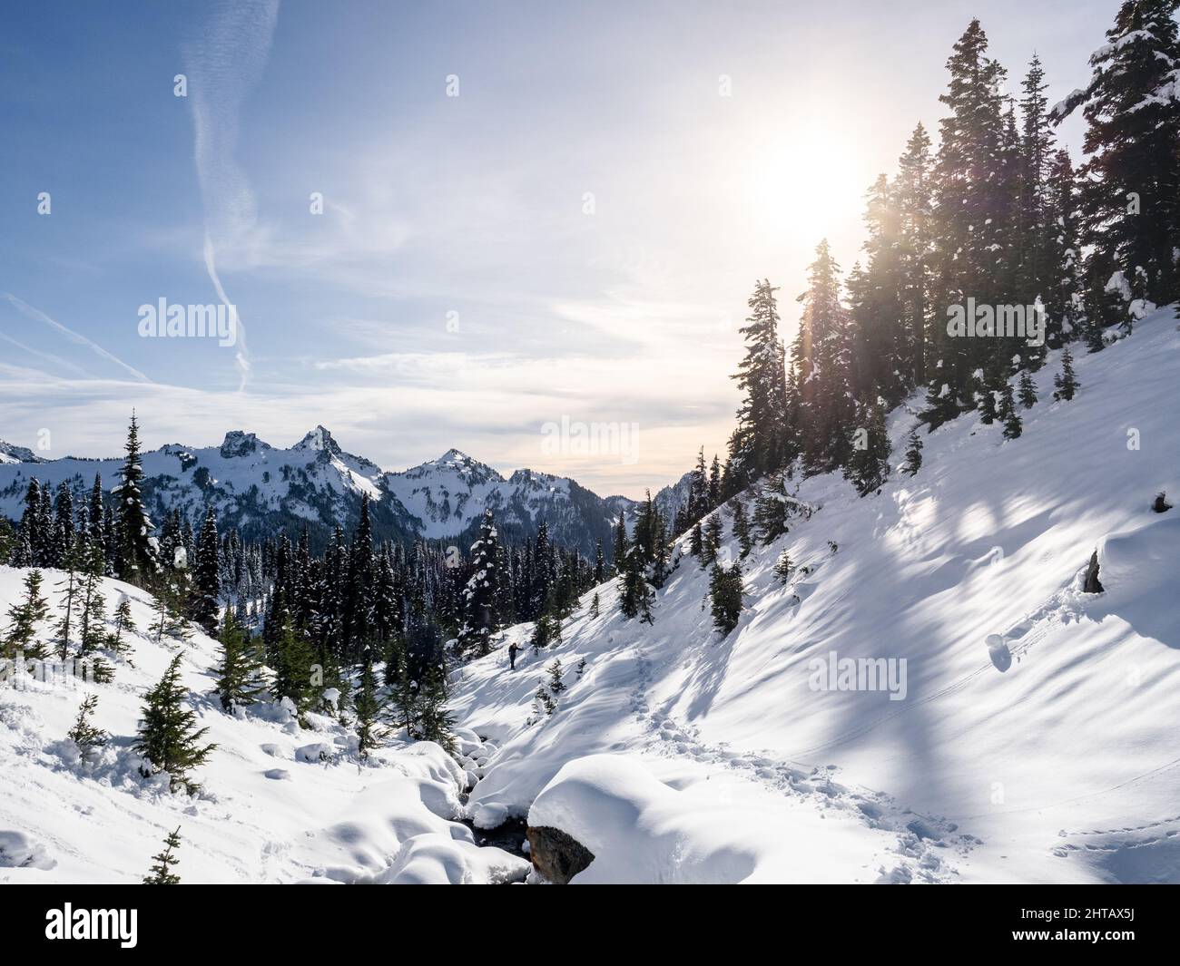 Aerial view of snowshoe tracks along winter stream Stock Photo - Alamy