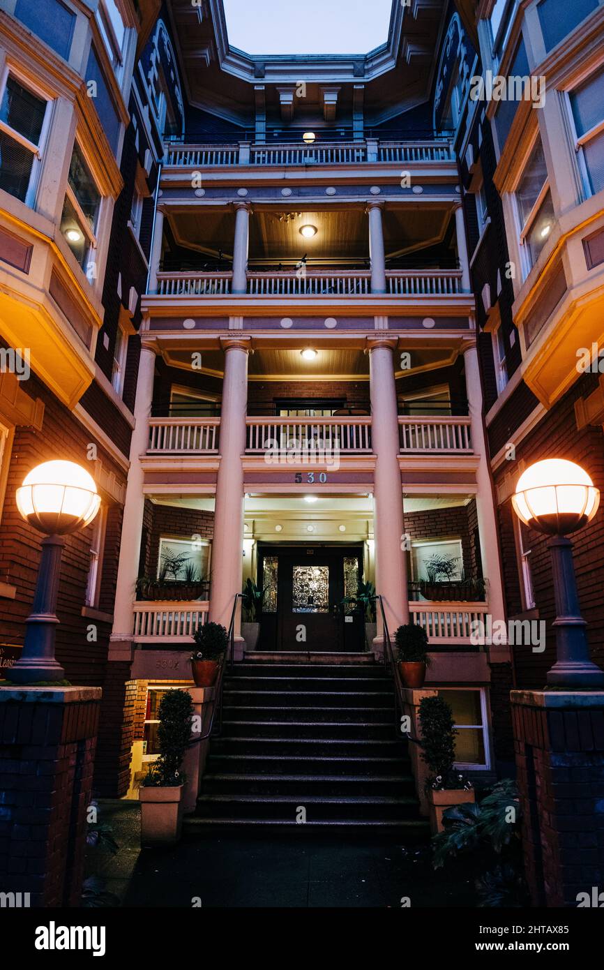 Low angle portrait of a building with beautiful lightings in Portland ...