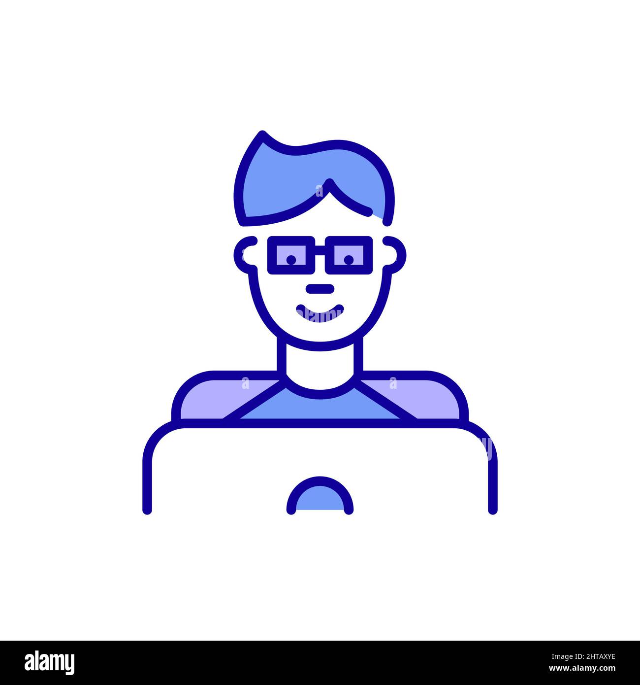 Nerdy teenage boy wearing glasses learning or gaming at a laptop. Pixel ...