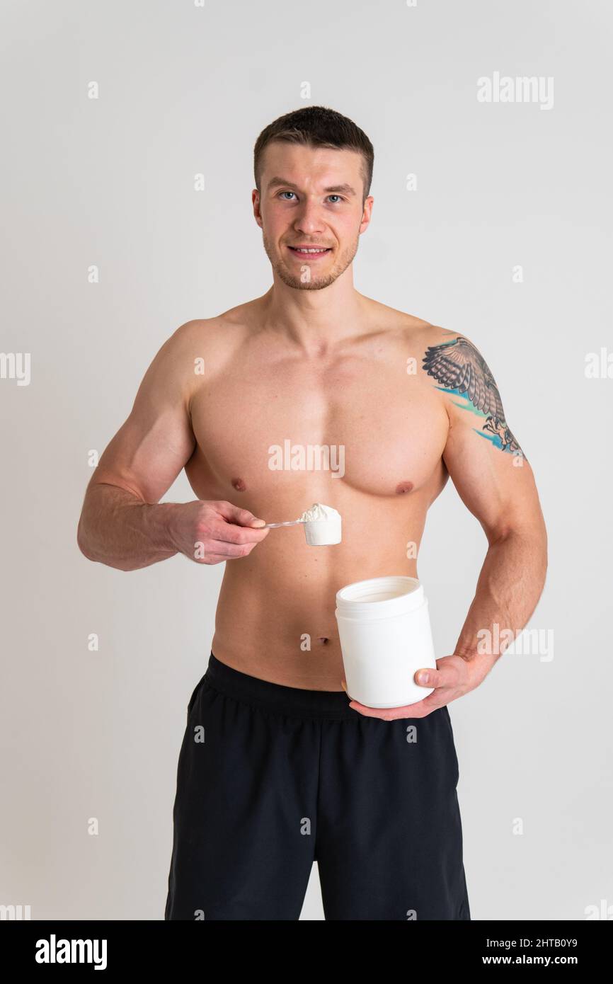 Fitness protein jars white on white background bodybuilder powder ...