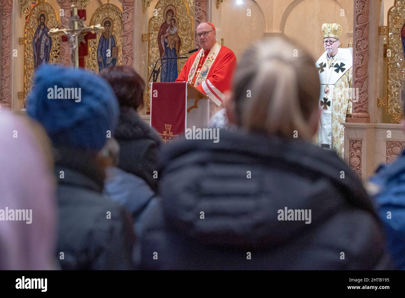 NEW YORK, NEW YORK - FEBRUARY 27: Cardinal Timothy Dolan speaks to ...