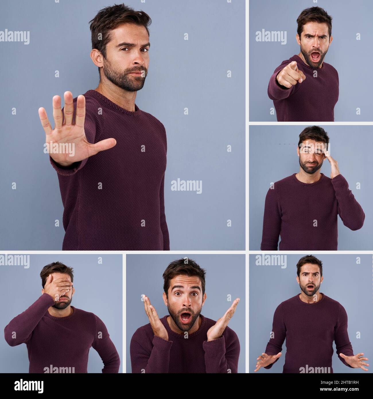 Going through the motions. Composite shot of a young man expressing ...