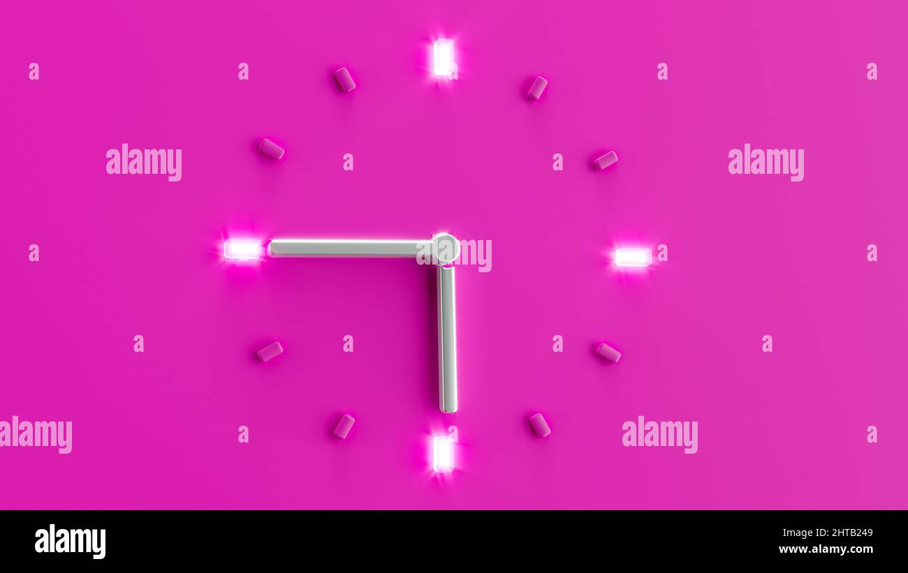 3D rendering of a pink clock showing 15 minutes to 6 o'clock, pm am 5: ...