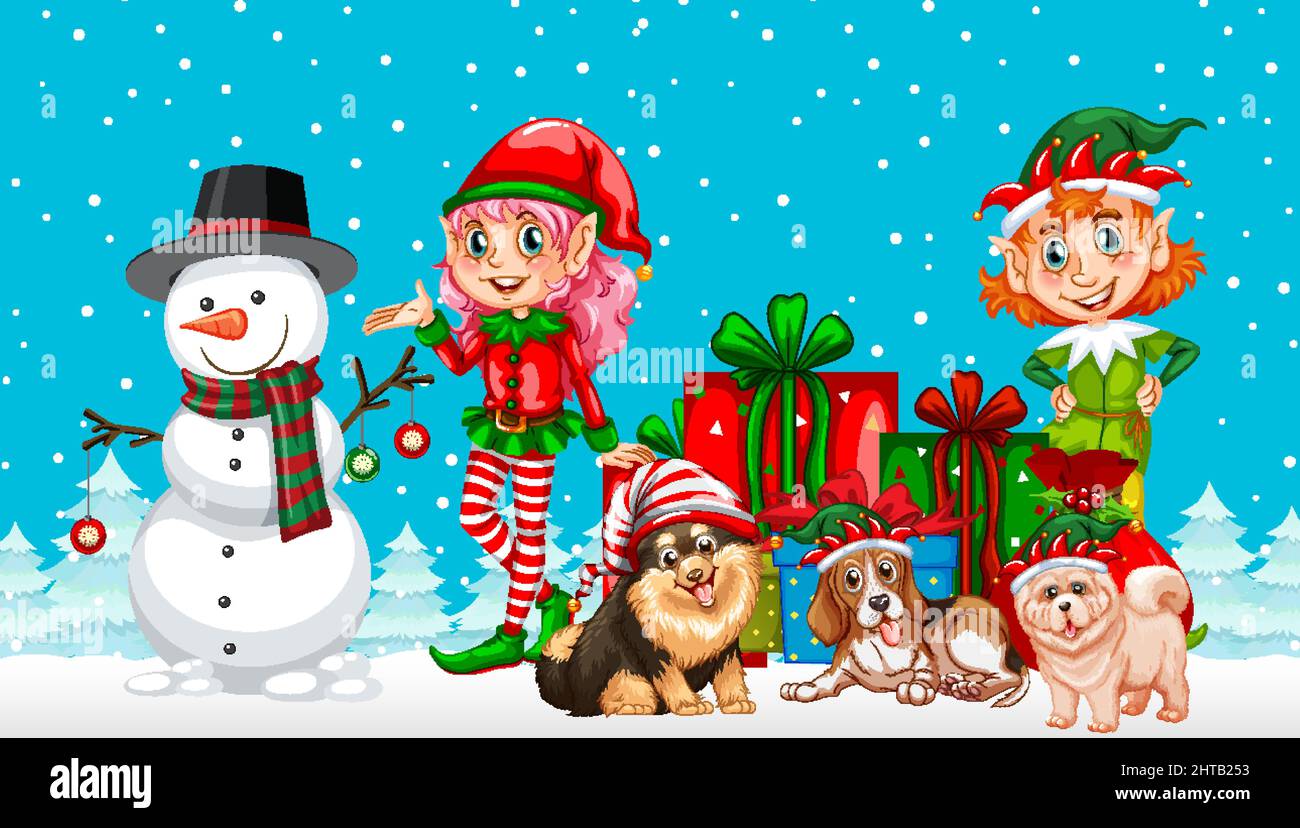 Christmas cartoon characters on snowy blue background illustration ...