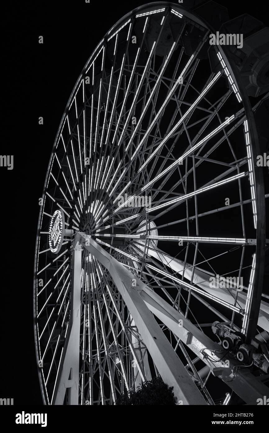 Grayscale of the Pacific wheel from Santa Monica Pier at night Stock ...