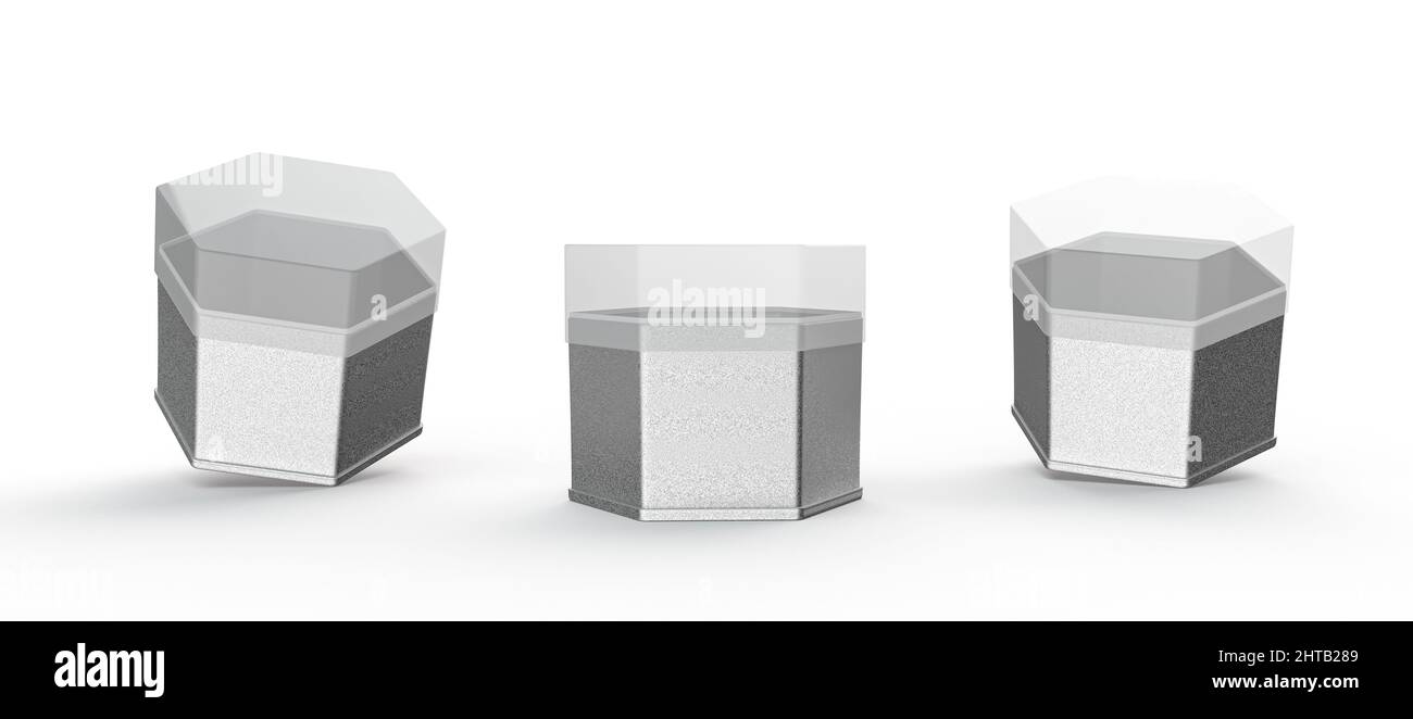 3D rendering of small metal hexagon jars isolated on a white background ...