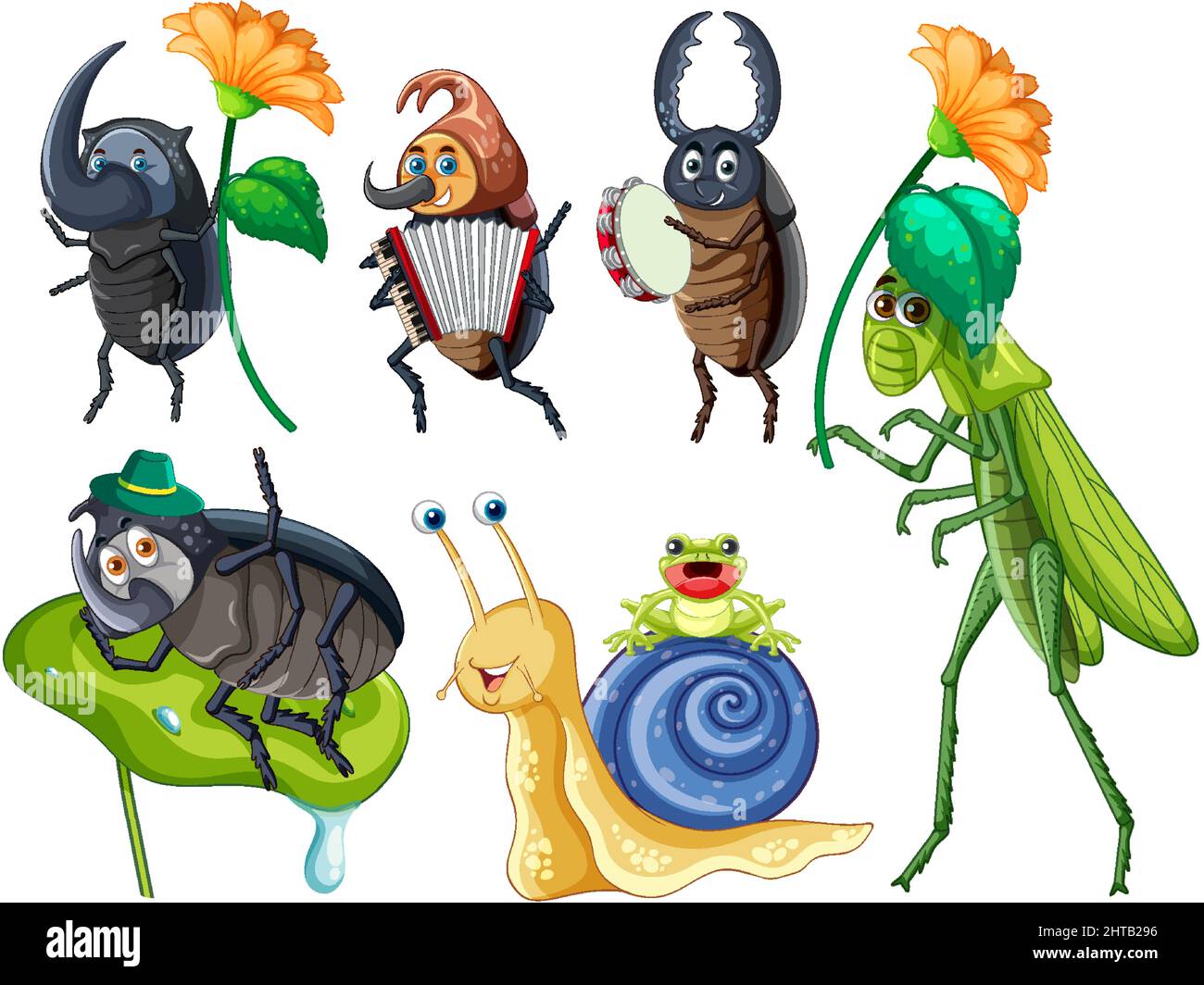 Set of different insects and beetles in cartoon style illustration ...