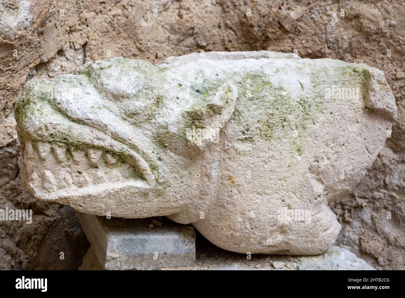 Closeup shot of the Gothic gargoyle of the castle of Portillo in Spain ...