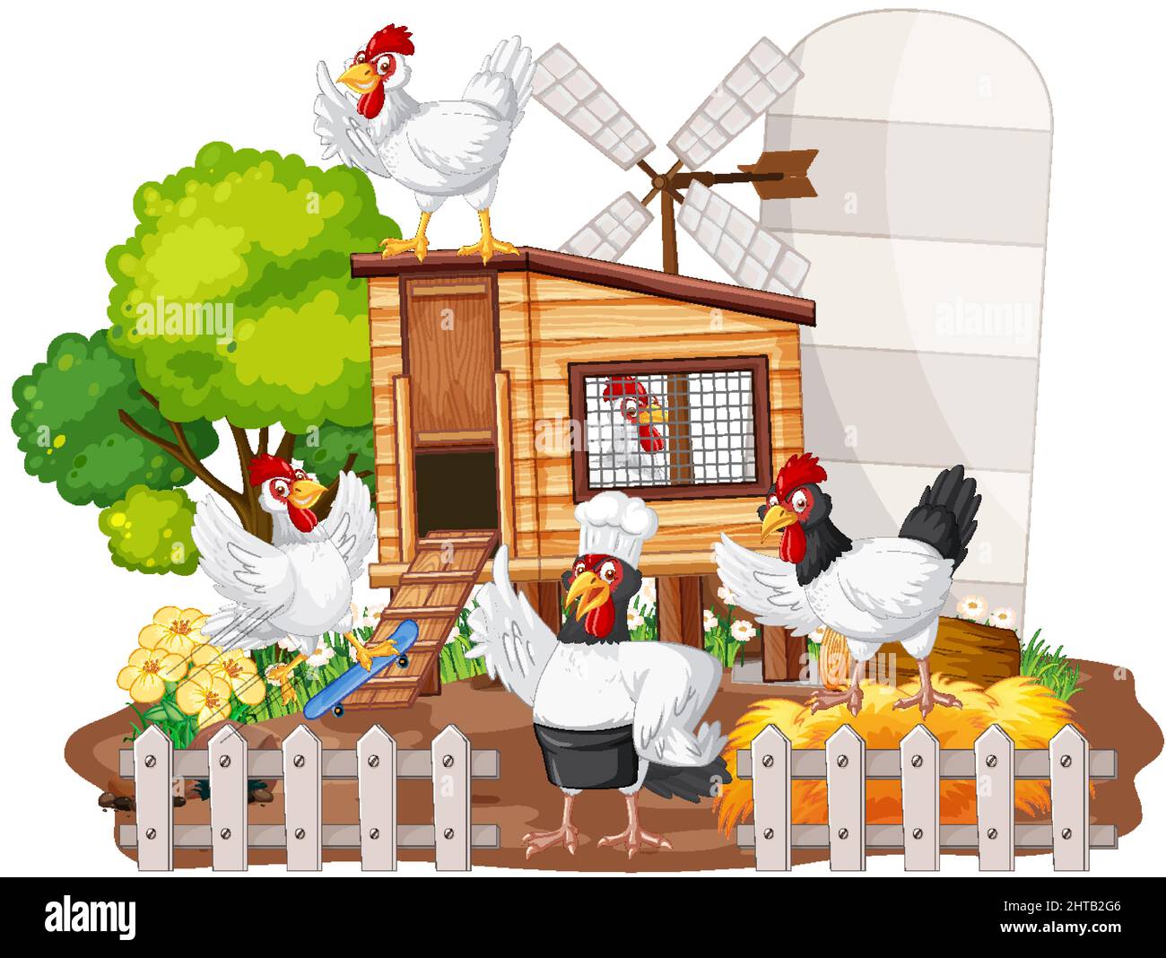 An isolated scene with a group of chickens in cartoon style ...