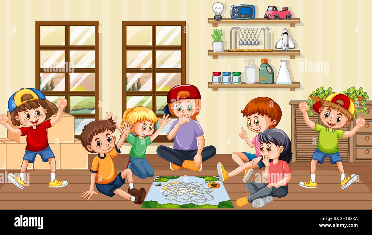Children playing games in the room illustration Stock Vector Image ...