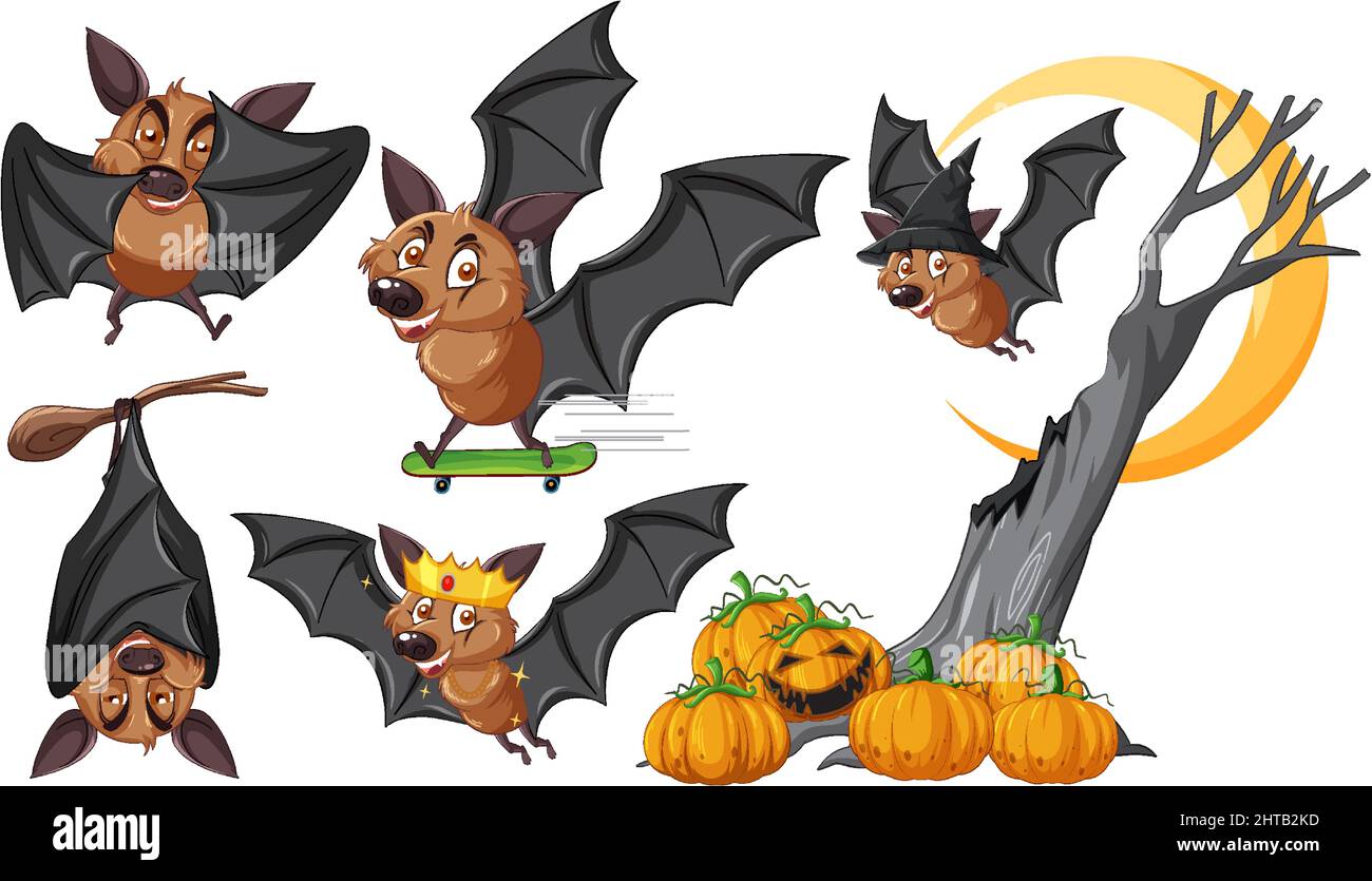 Set of different cute bats in cartoon style illustration Stock Vector ...