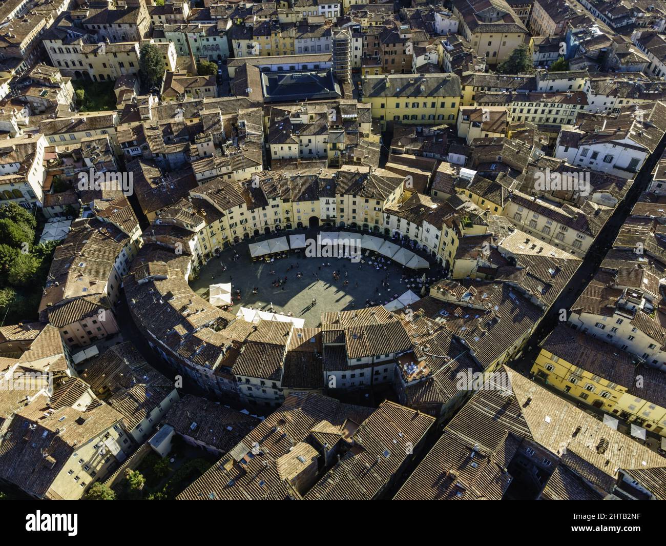 Aerial view of Plaza del Anfiteatro, a medieval square in Lucca old ...