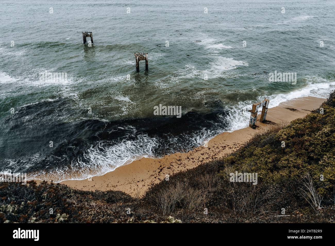 View of abandoned pontoon pylons in the Pacific Ocean, Los Angeles ...
