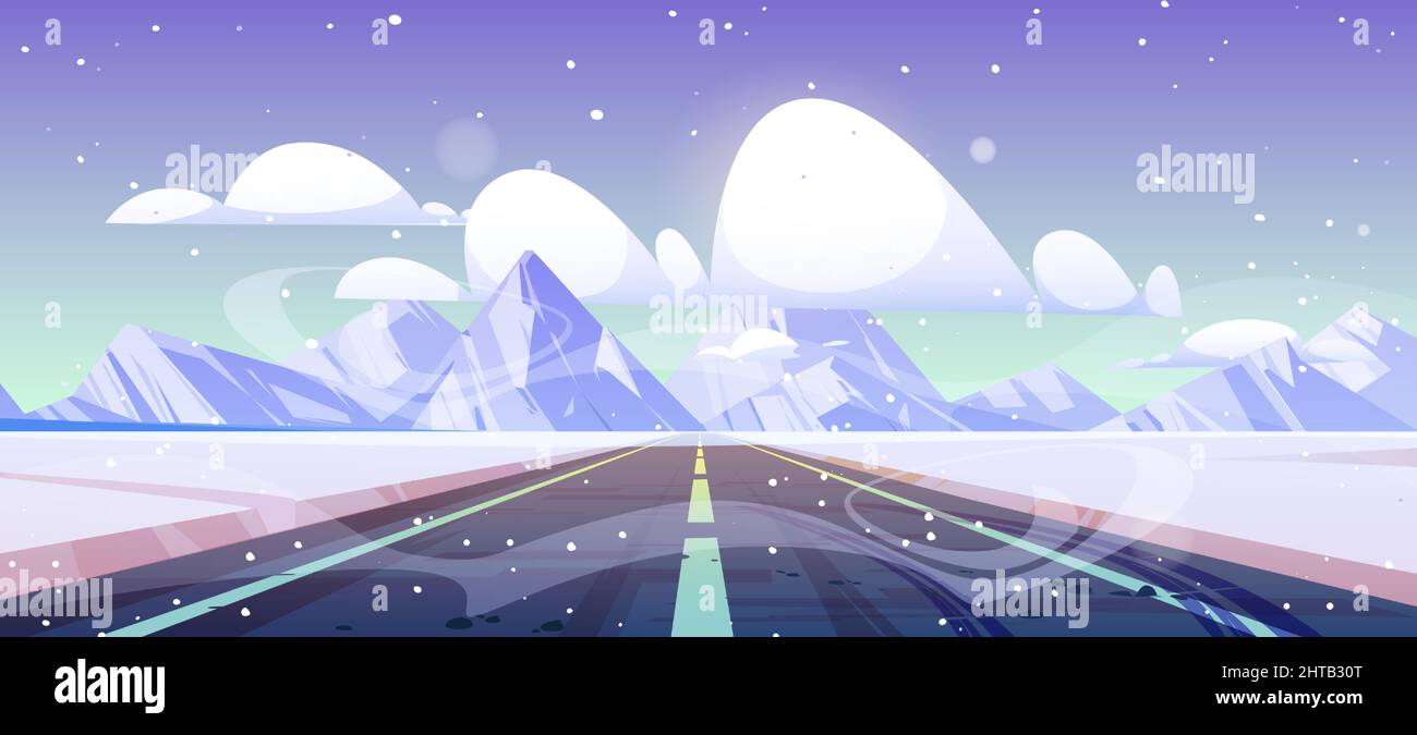 Winter highway, straight empty road disappear at mountain landscape ...