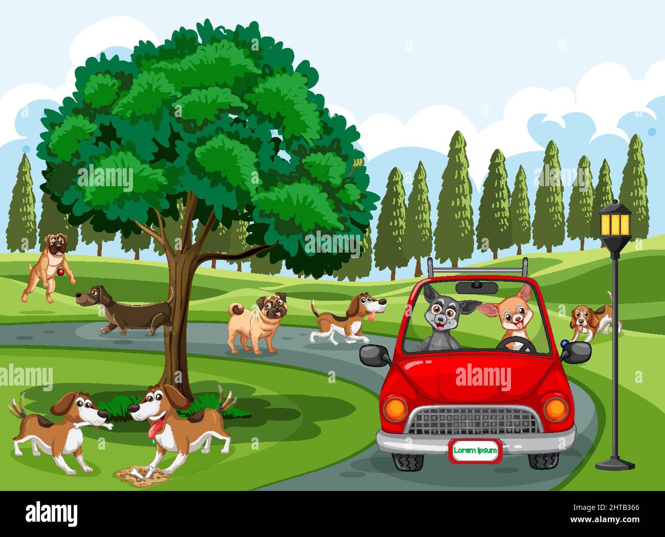 Dogs running and driving car in the park illustration Stock Vector ...