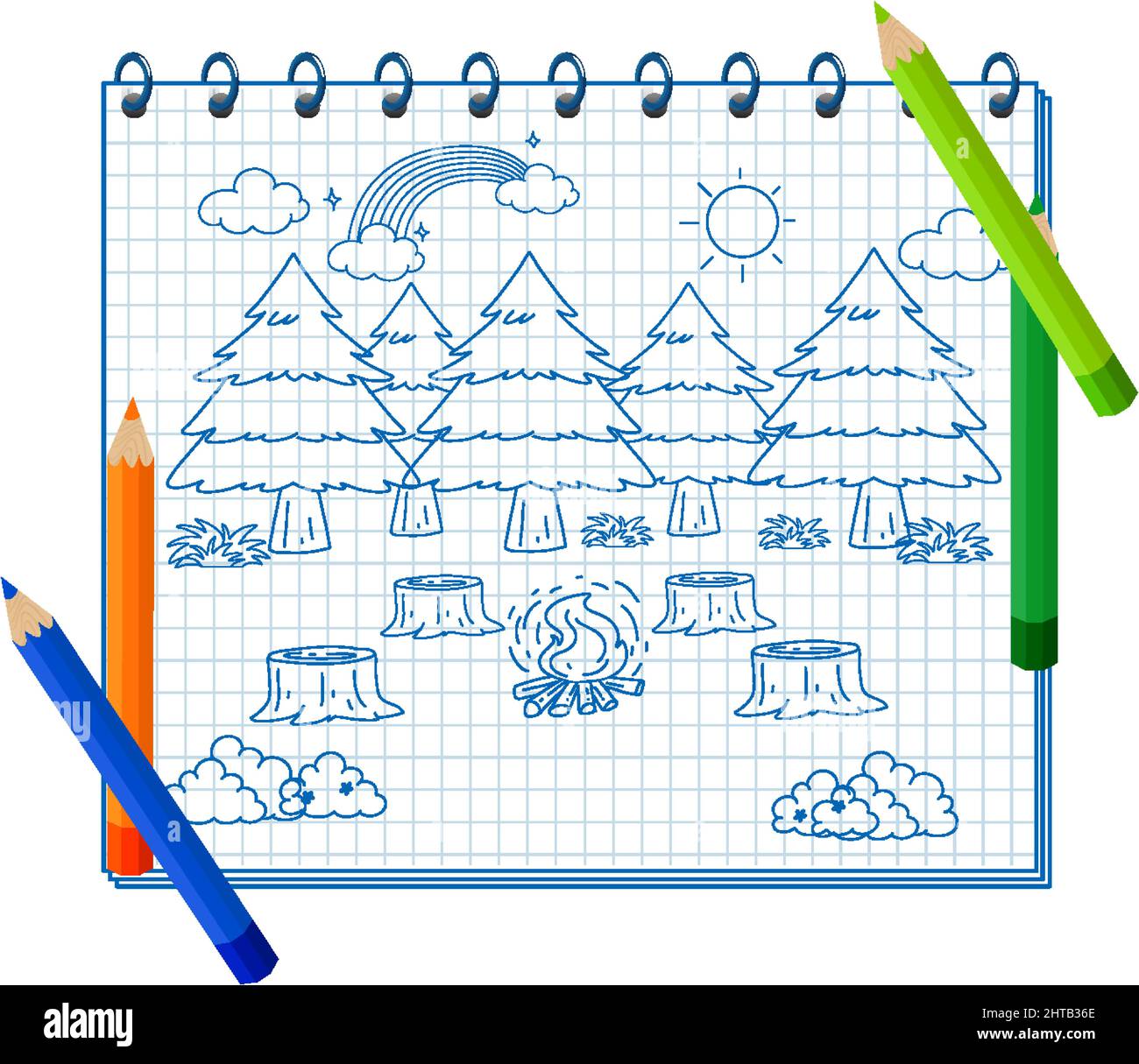 A notebook with a doodle sketch design and colour pencils illustration ...
