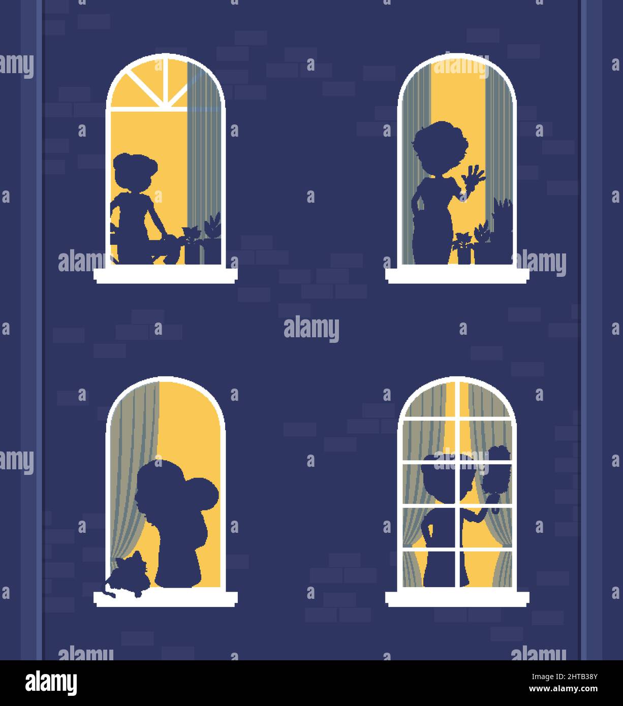 Night windows building with people silhouettes illustration Stock ...