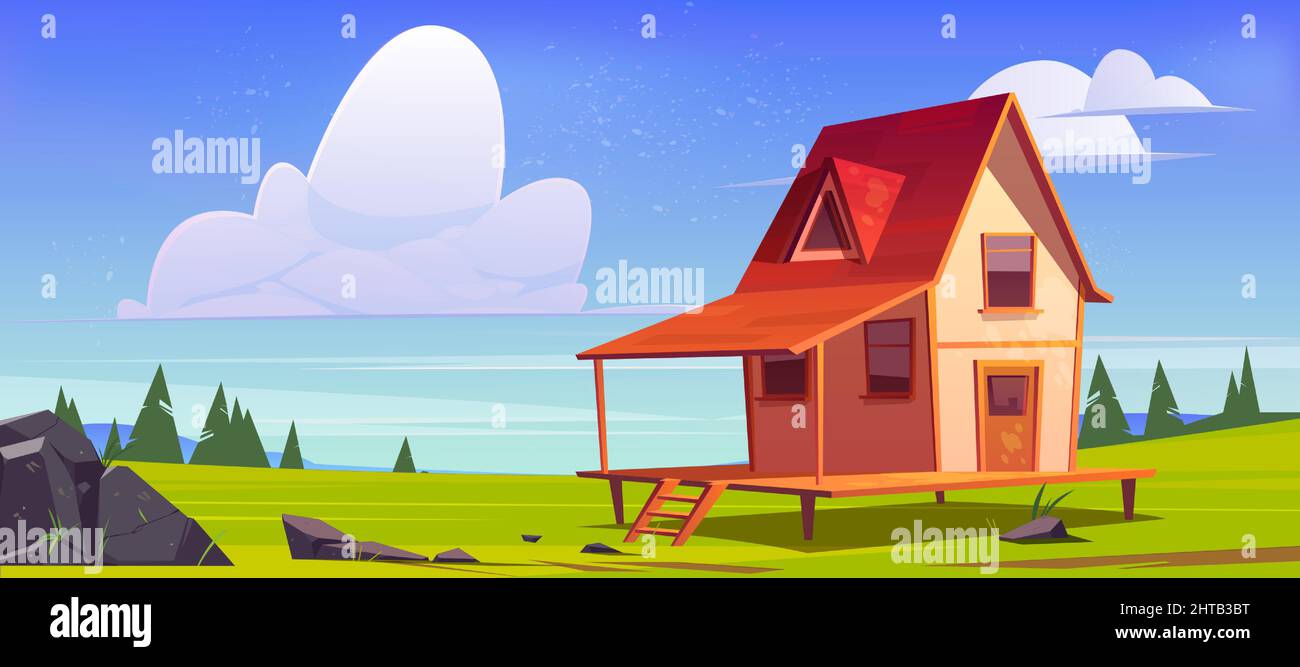 Cottage on green field, wooden house on stilts on meadow among ...