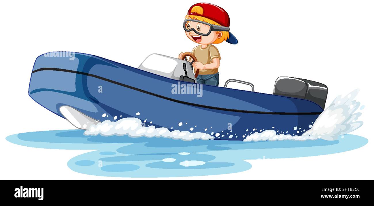 A boy driving motorboat in cartoon style illustration Stock Vector ...