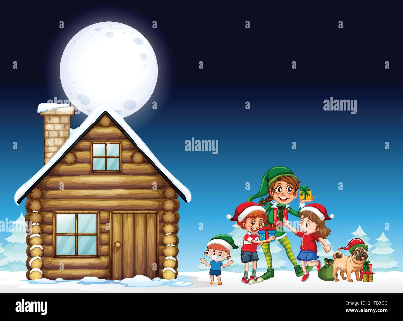 Snowy winter night with Christmas elves and a house illustration Stock ...